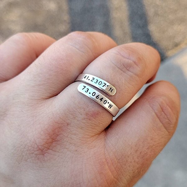 Coordinates Wrap Ring - Sterling Silver Ring - Latitude Longitude Ring ...
