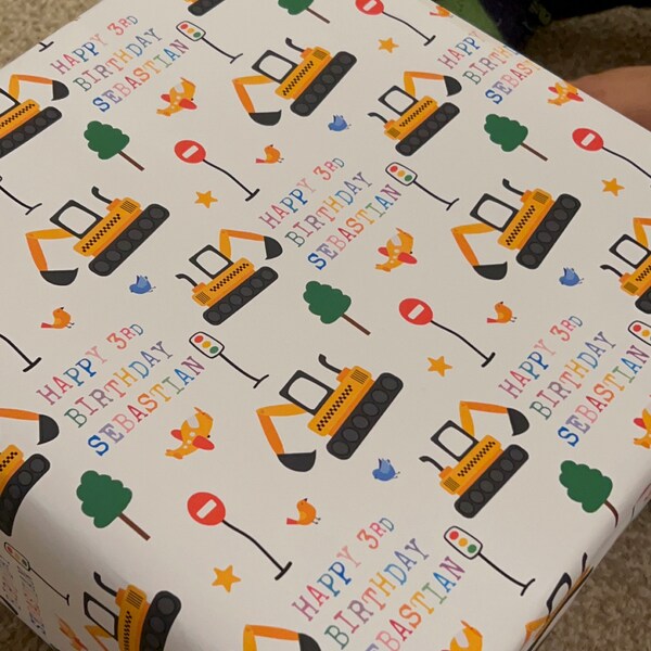 Any Age Personalised Digger Wrapping Paper Roll, Construction Vehicle ...