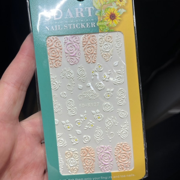 5D Nail Stickers,rose Stickers,elegant Embossed Floral Decals,white ...