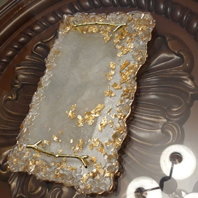 14 X 8 Tray With Reflective Glass Rim, Handmade Epoxy Resin Tray ...