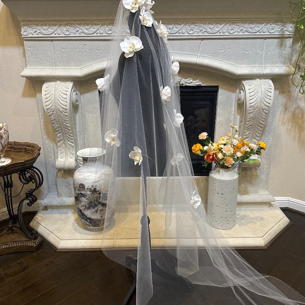 Waterfall Wedding Veil, Satin Trim Cascade Bridal Veil, Satin Ribbon ...