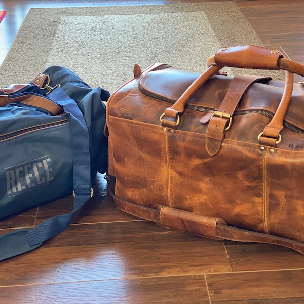 Handmade Full Grain Leather Duffle Bag, Laser Engraved Weekender Carry ...