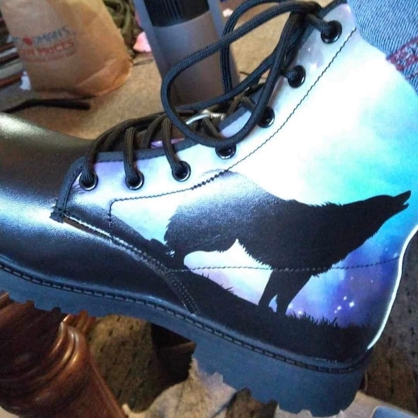 Wolf Leather Boots, Wolf Handcrafted Custom Print, Wolf Men's Women's ...