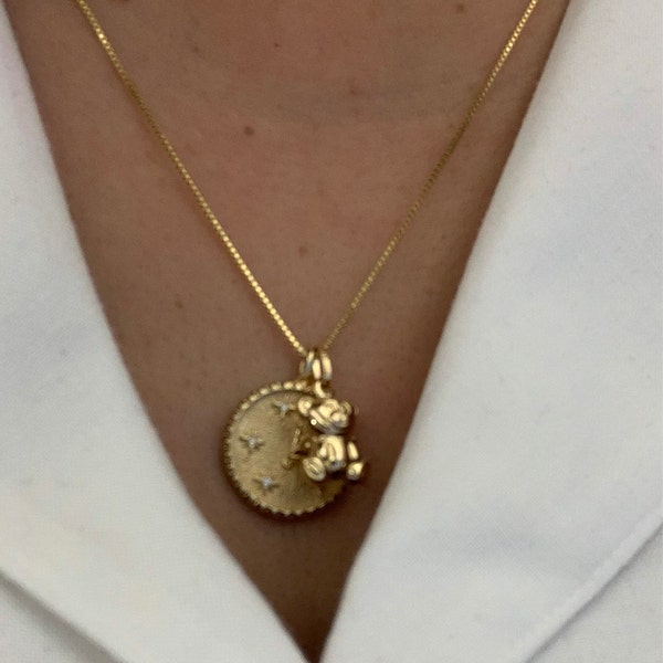 14K Real SOLID Gold Puffed Teddy Bear, 14k Real Gold 1.3mm Cable Chain ...