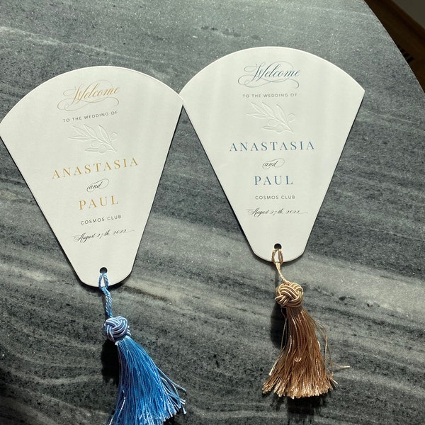 Debossed Olive Minimal Wedding Fan Program With Silky Tassels, Assembled Hand Fans for Wedding ...