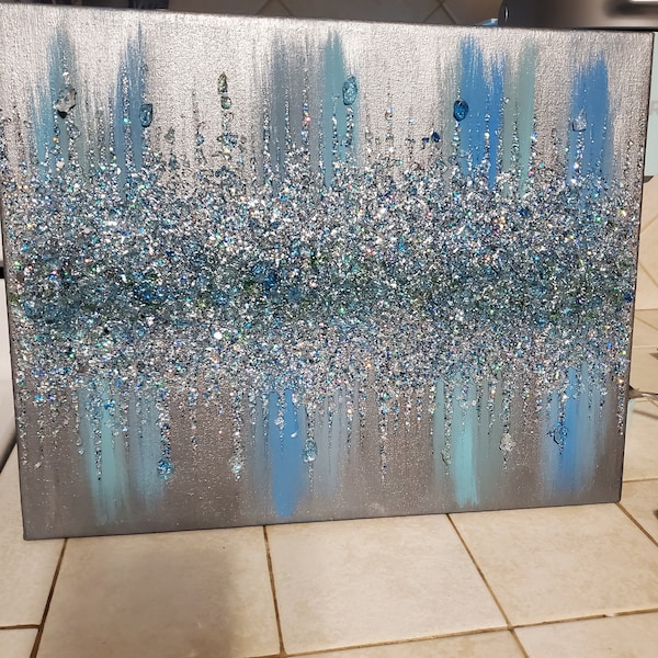 Glitter Glass Painting, Glitter Painting, Silver Glitter Art, Turquoise ...