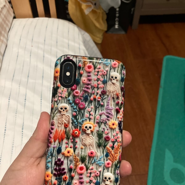 Spooks Come Out at Night Skeleton Phone Case, Embroidered Look Floral ...