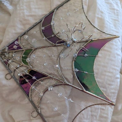 Stained Glass Iridescent Spider Web With Spider, Holiday Decor ...