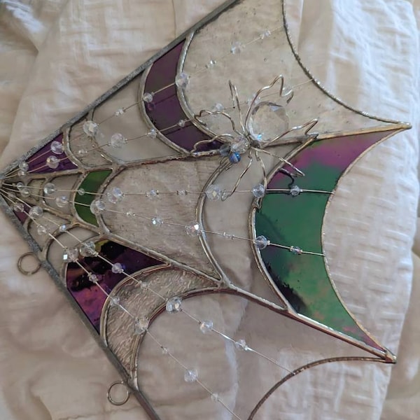 Stained Glass Iridescent Spider Web With Spider, Holiday Decor ...