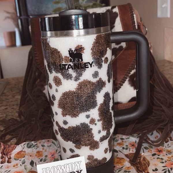 Custom Cow Hide - Authentic Stanley Tumbler - Epoxy Glitter Black Cow ...