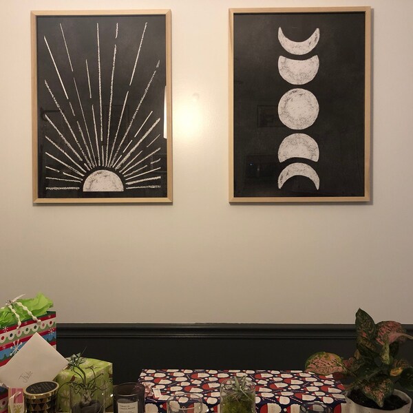 Sun and Moon Phases Art Print Boho Decor Set of 2, Black and White Wall ...