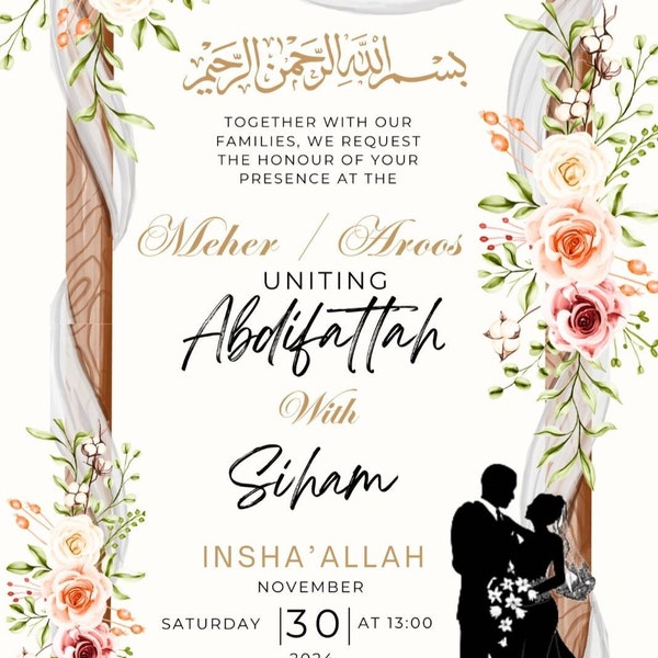 Editable Islamic Nikkah Invitation Template | Red Floral Muslim Wedding ...