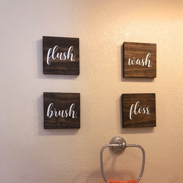 Wash, Brush, Floss, Flush - Wooden Bathroom Signs - Custom Bathroom ...