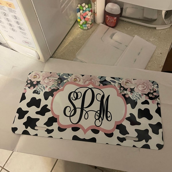 Black Cow Print Pink Floral Personalized License Plate and Accessories ...