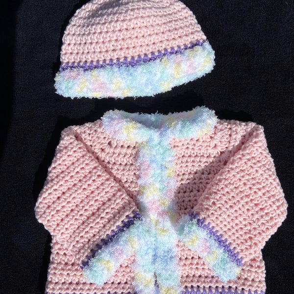 Crochet Baby Sweater & Hat Pattern: Chenille Trim, Sizes 0-12 Months ...