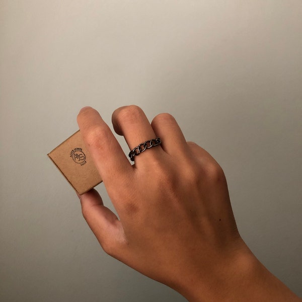 Gunmetal Thick Chain Ring, Black Metal Curb Chain Ring, Minimalist Ring ...