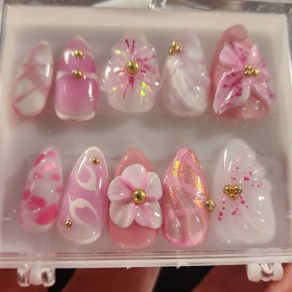 3D Flower Freestyle Medium Almond Press on Nails, Ombre Nail | Red ...