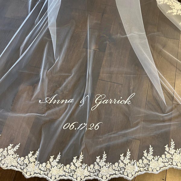 Custom Hand Embroidered Wedding Veil: Personalized Initials & Date ...