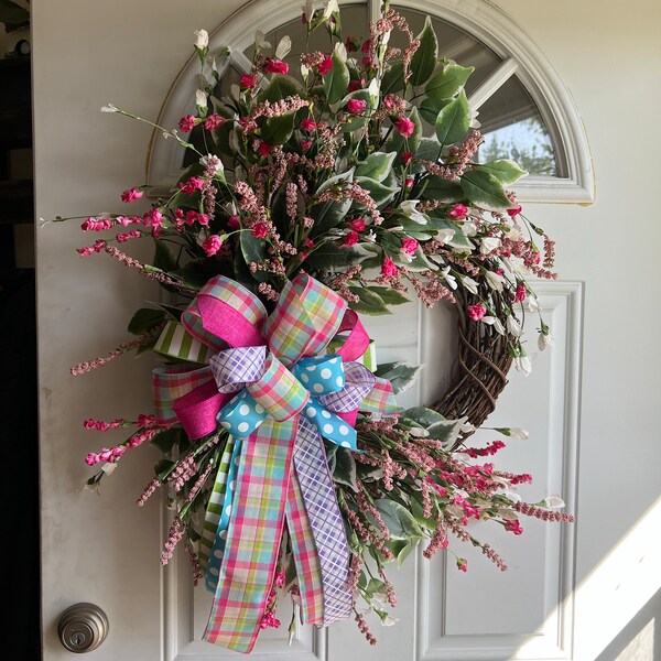Spring Grapevine Wreath for Front Door, Pink and White Spring Door ...