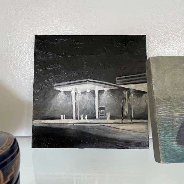 Vintage Purple Gas Station at Night Art Print | Original Art of Petrol ...
