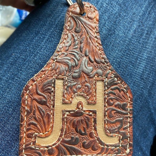 Tooled Leather Cross, Ear Tag or Cowhide Shape With Leather Backing Key ...