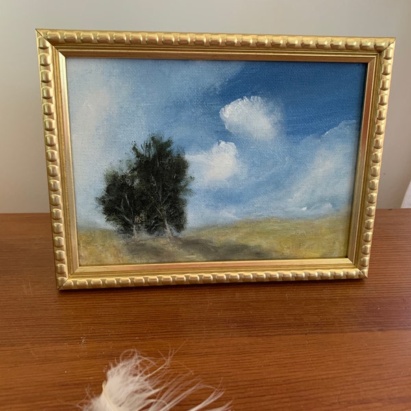 Original Oil Landscape Painting, Framed 5x7 Oil Painting, Moody Landscape of Countryside Trees ...