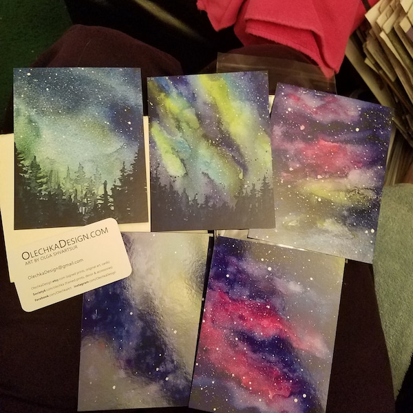 Galaxy Watercolor Postcards - Set of 5 - Nebula Art Aurora Northern ...