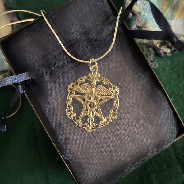 Sterling Silver Caduceus Pentacle Pendant .925 Silver Healers Pentagram ...