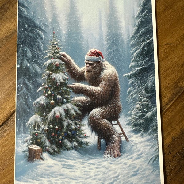 Bigfoot Christmas Cards and Envelopes Lonely Sasquatch Decorating a ...