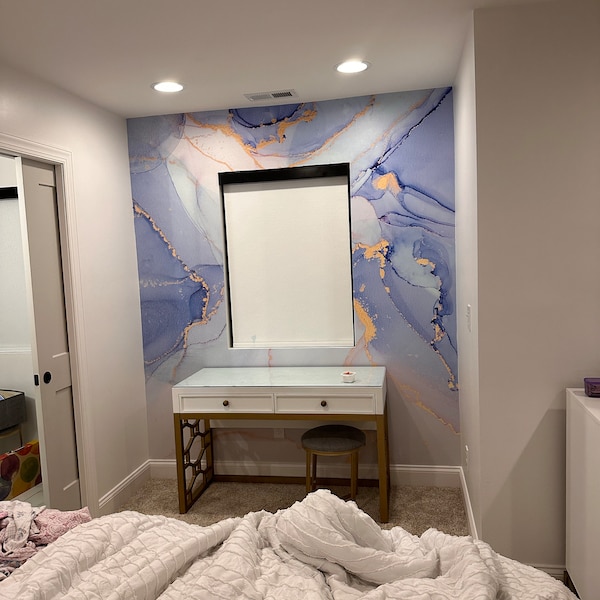 Baby Blue Ink Art Wallpaper, Blue and Gold Wall Mural, Peel and Stick ...