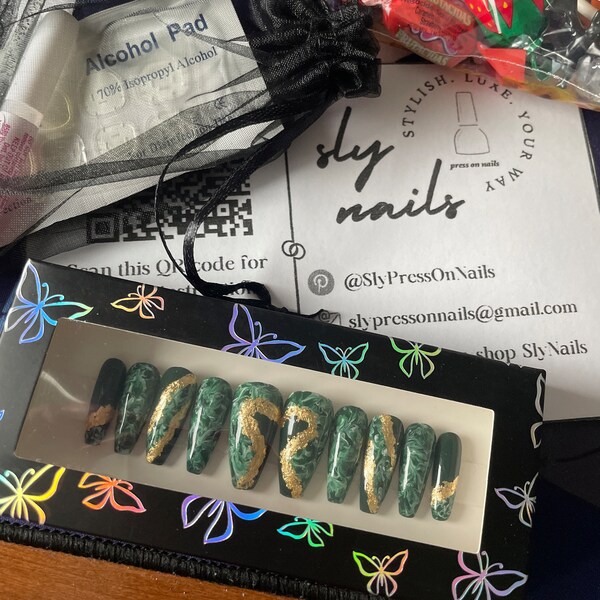 Emerald Green Press on Nails/emerald Green Nails/emerald Green Marble ...