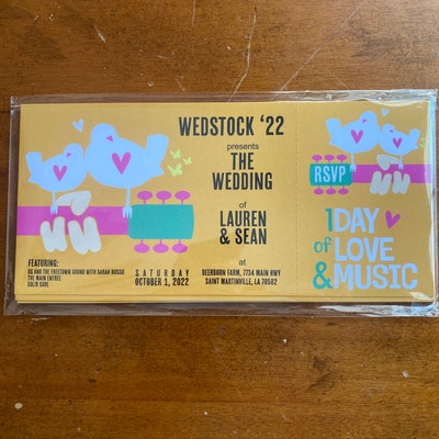 Woodstock Wedding/ Party Invitations Festival Ticket Design perforated ...