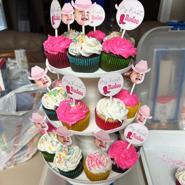 Rodeo Cupcake Toppers With Photo and Pink Cowgirl Hat, Face Cupcake ...