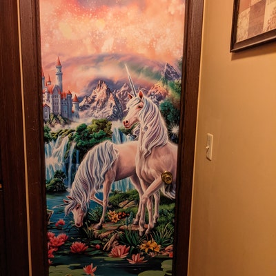 Unicorns Near Castle Mural for Door, Wall, Fridge, Sticker, Peel and ...