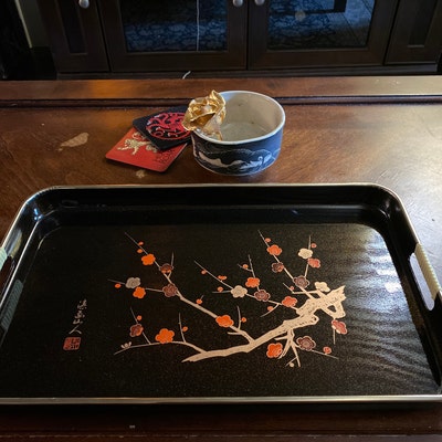 Japanese Wood Lacquer Small Serving Tray Sail Boats Pine Tree and ...