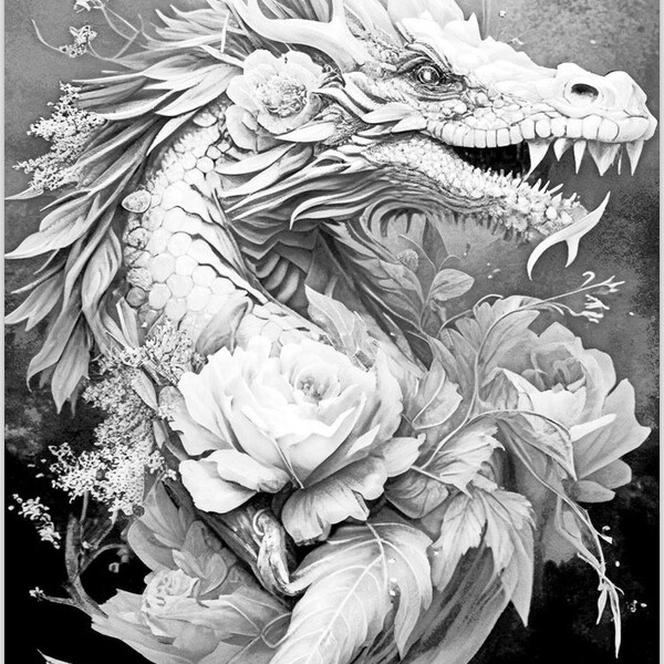 20 Flower Dragon Fantasy Coloring Page Book, Adults + Kids- Instant ...