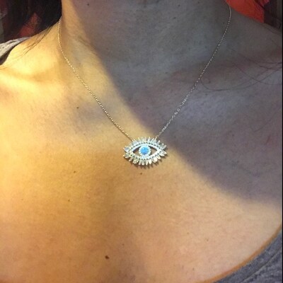 Sterling Silver Eye Necklace With Opal and Cubic Zirconia - Etsy