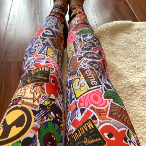 Sticker Bomb Leggings, Festival Leggings, Rave Outfit, Printed Yoga ...