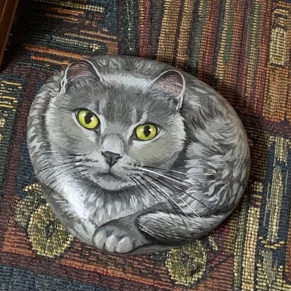 Custom Cat Portrait Rock: Hand-painted Pet Memorial Stone, Personalised ...
