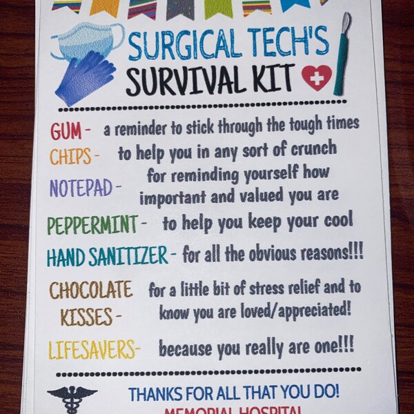 Surgical Tech Survival Kit Gift Tags, Surgery Tech, Medical Staff ...