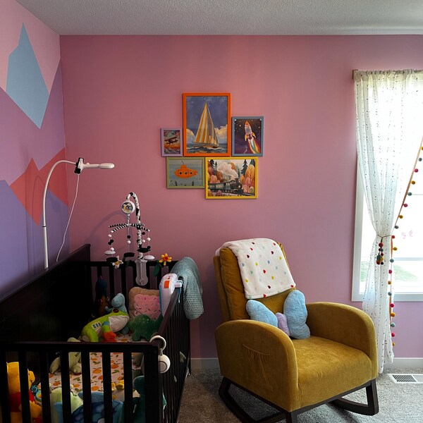 Bright Rainbow Space Trio Wall Art: Colorful Outerspace Rocket, Cloud ...