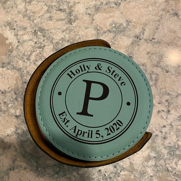 Personalized Round Leather Coasters Set of 6 W/holder, Custom Coasters ...