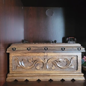 Hand Carved Flower Design Wooden Box With Secret Lock, Vintage Jewelry ...