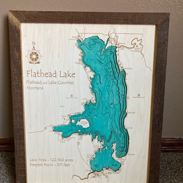 Flathead Lake Map - 3D Nautical Wood Map Flathead Lake MT Laser-etched ...