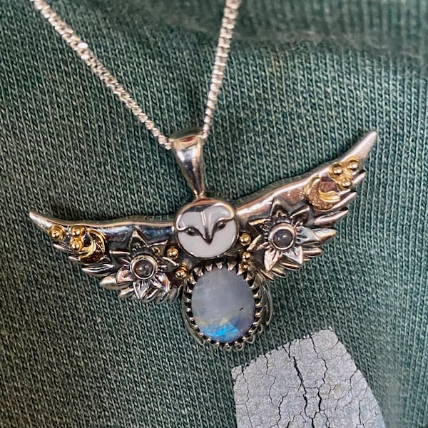 925 Sterling Silver and 18k Gold Owl Pendant - Natural Moonstone ...