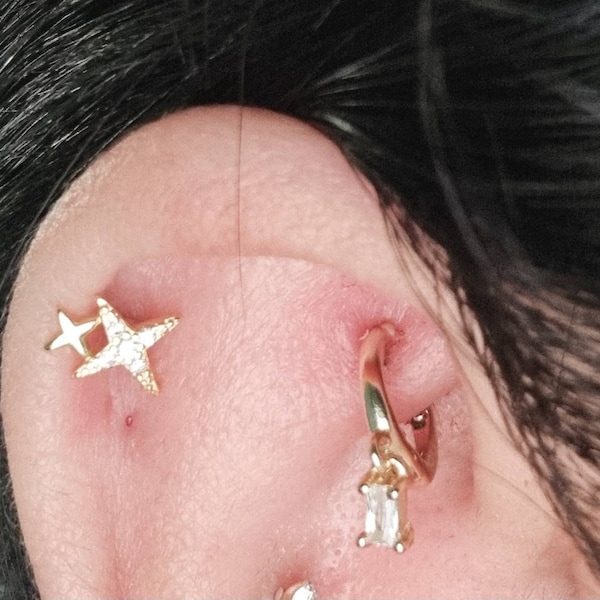 18G Tiny Diamond Baguette Rook Hoop Earring • Tiny Gold Cartilage Hoop ...