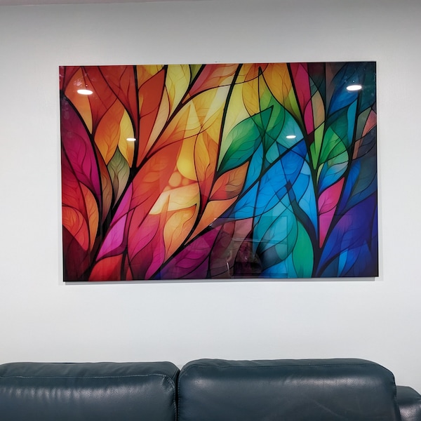 Stained Glass Effect Art, Colorful Leaves Print on Glass, Modern Wall ...