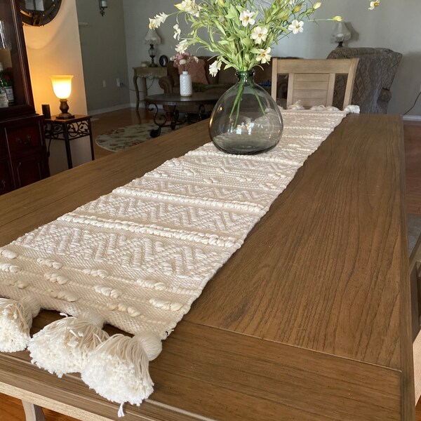 72x14 Cream Colored Woven Cotton Textured Table Runner With Pom-poms ...