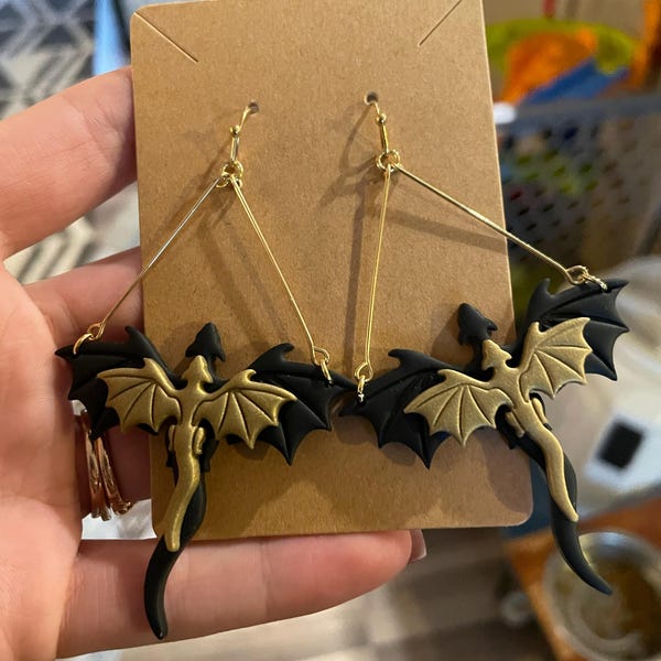 Dragon Necklace and Earrings, Black and Gold Dragons, Gift for Book ...