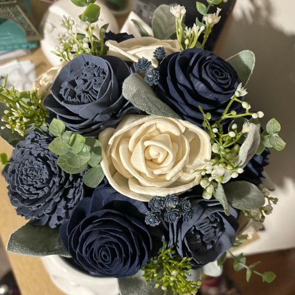 Dusty & Slate Blue Wood Flower Wedding Bouquet / Rustic Bridal ...